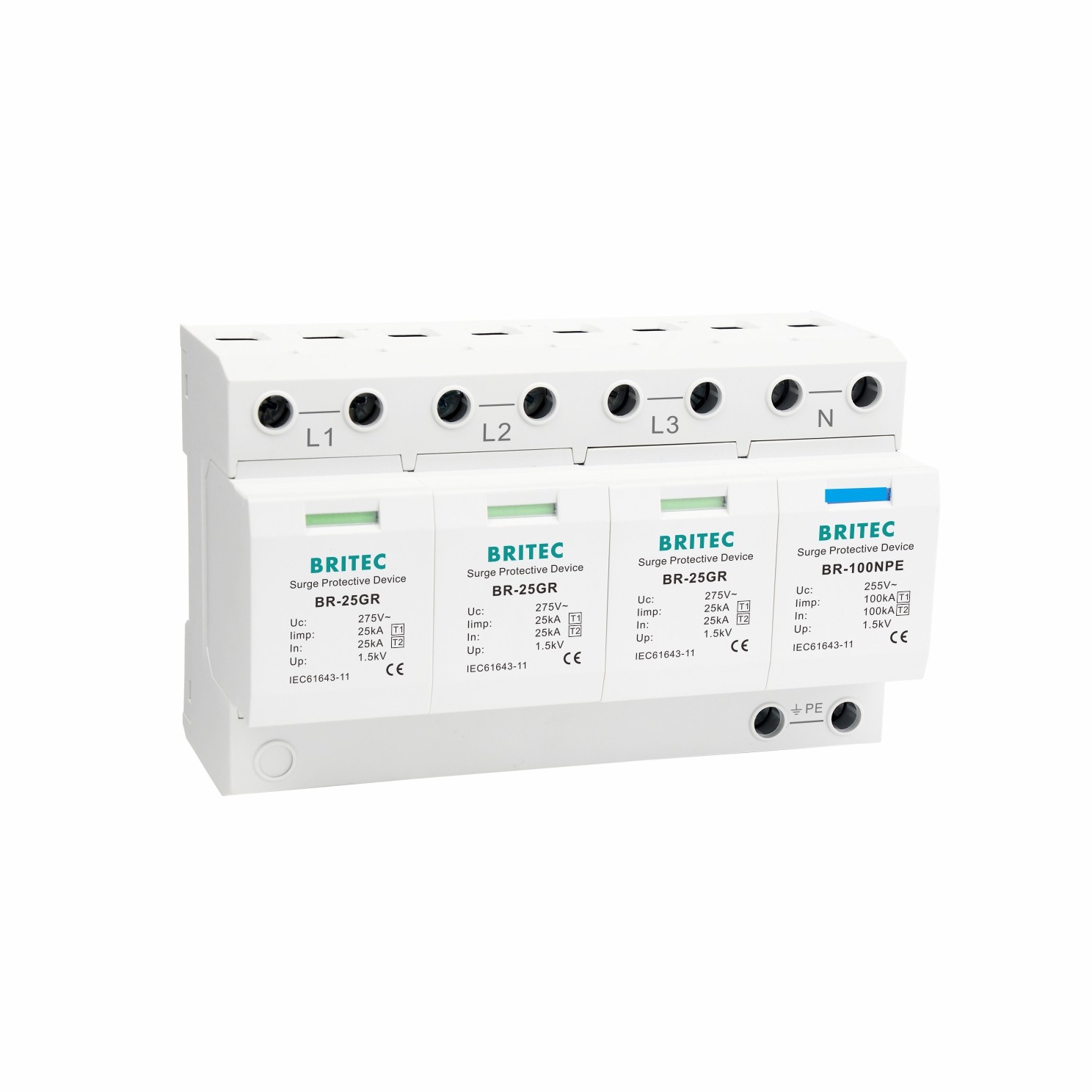 BR-25GR 3P+1 Type 1 Surge Protection Device SPD Thunder Arrester spark ...
